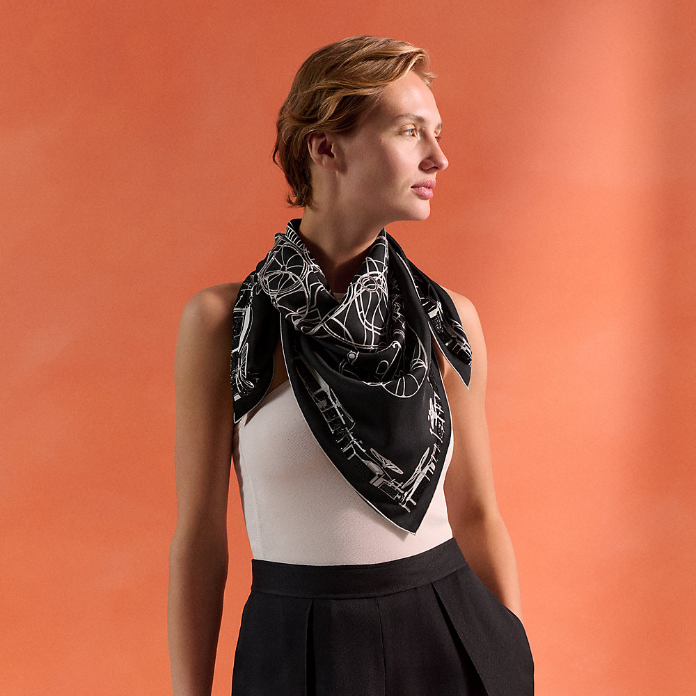 Complication Equestre embroidered scarf 90 - Black | Hermès Ireland
