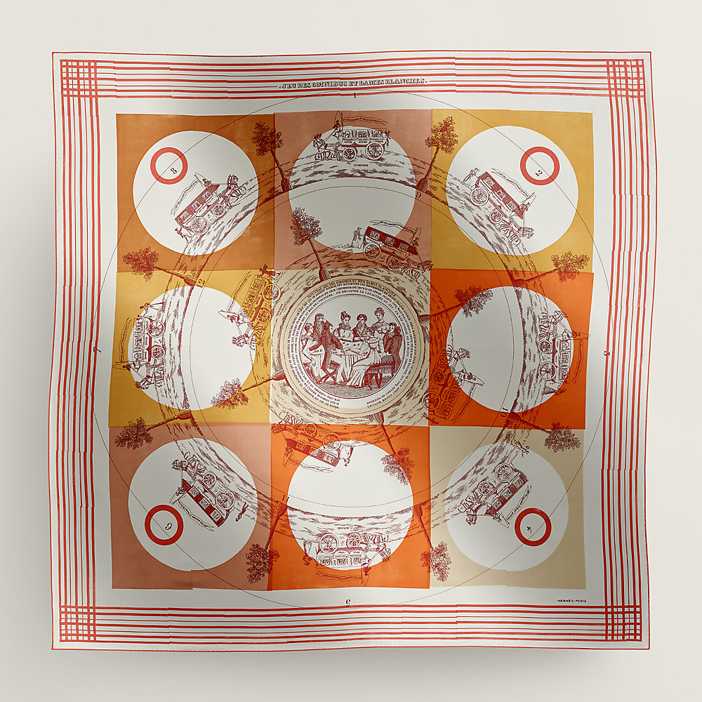 Jeu des Omnibus et Dames Blanches au Tampon scarf 140 - Orange | Hermès UK