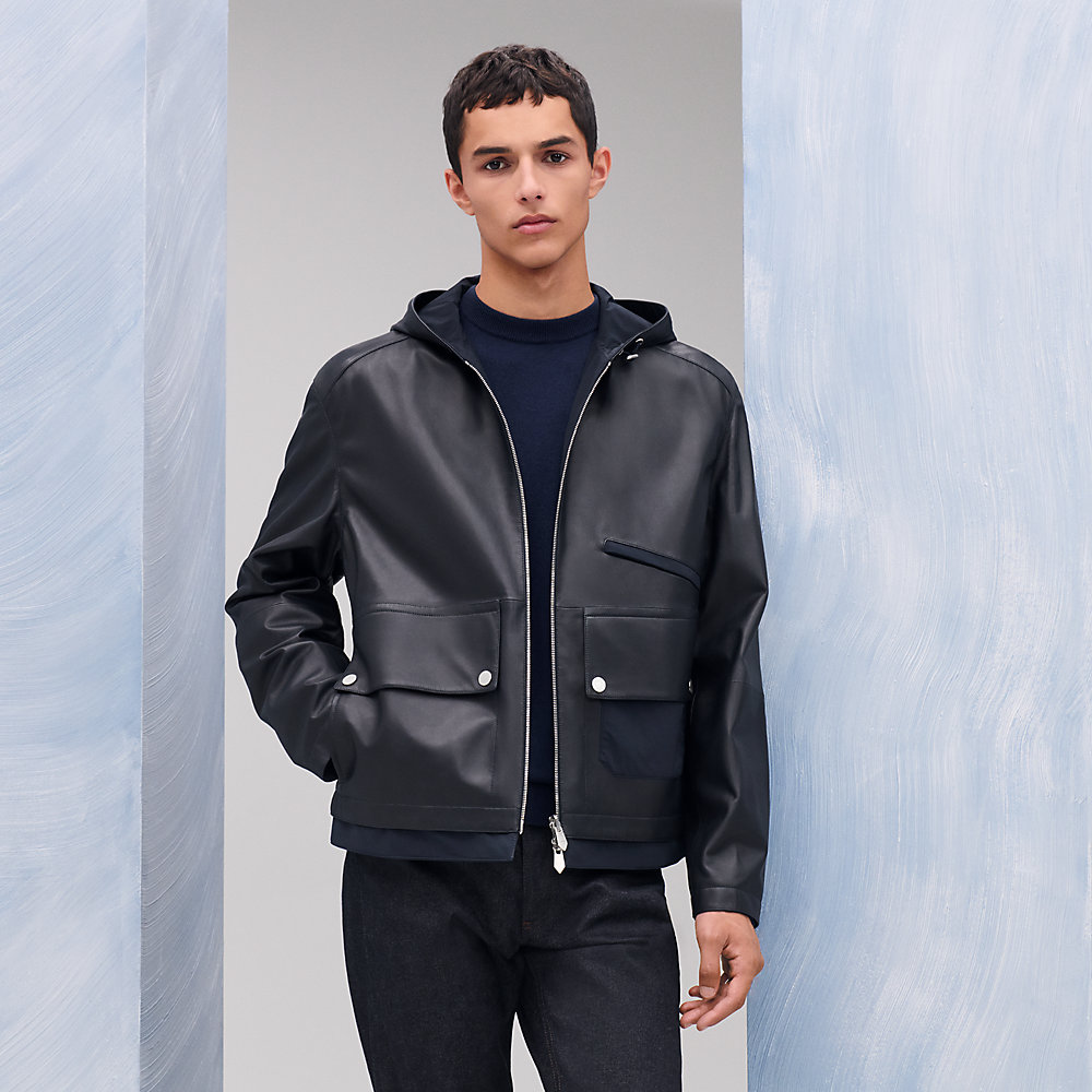Reversible zipped hooded jacket with leather detail | Hermès UAE
