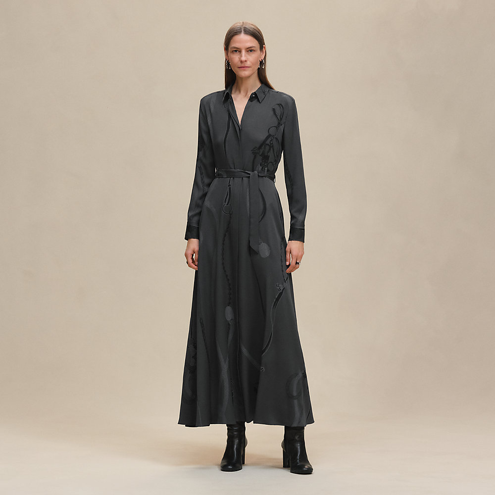 Robe longue boutonnée imprimé placé « Palefroi Remix » - Gris | Hermès ...