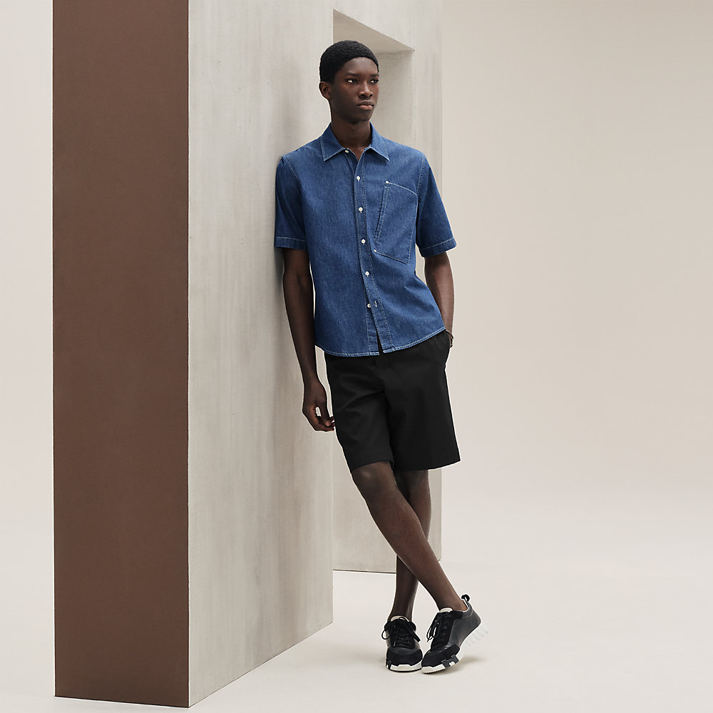 Short-sleeve straight cut denim shirt with detail - Blue - 37 | Hermès USA