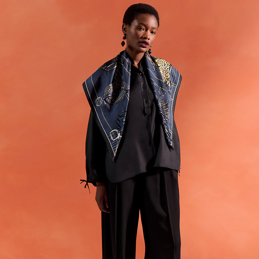 Tous en Selle embroidered scarf 90 - Blue | Hermès USA