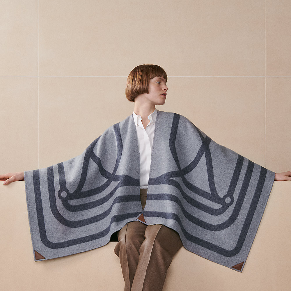 Voltige double face poncho - Blue | Hermès UK