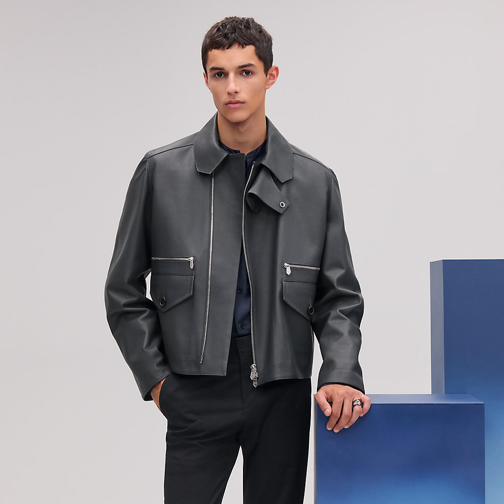 Zipped straight cut jacket with flap collar | Hermès Finland